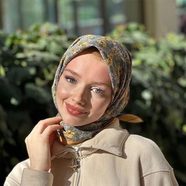 BLOOMING GARDEN DESEN PAMUK İPEK EŞARP MAVİ Online Satın Al! | Fresh Scarfs